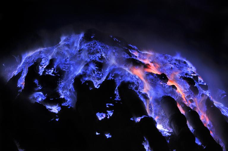 Ijen Crater Blue Fire, Emit Rivers of Light from Burning Sulfur